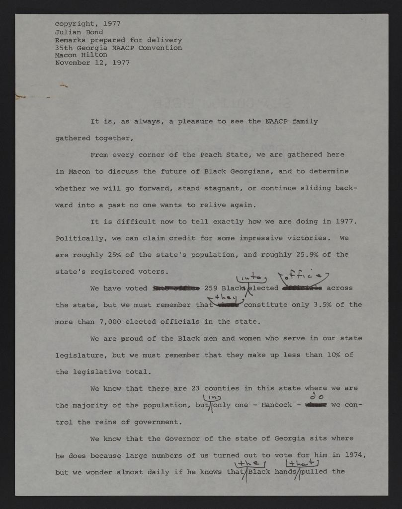 The Papers of Julian Bond | Remarks prepared for delivery at the 35th Georgia NAACP Convention ...
