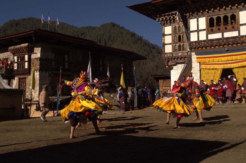 Dancers wearing the Five Buddha Crown perform at the Ngang Lhakhang ...