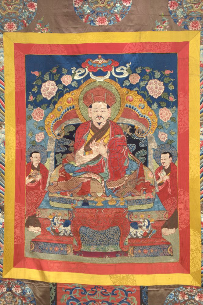 A thangka painting depicting a kagyu lineage master Tsangpa Gyarey ...