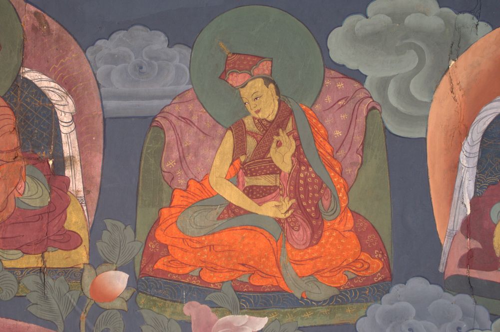 A bhutanese mural painting depicting kagyu lama scripted as Tenzin ...