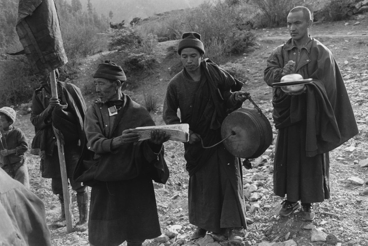 Procession of Bon-Po lama and monks from home to field to complete ...